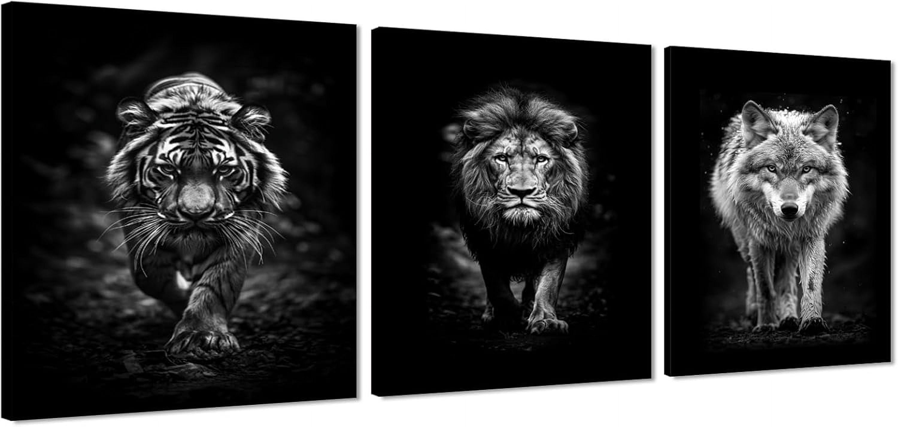 Black and White 3 Panels Lions Pictures Wall Art Wild Animals Painting ...