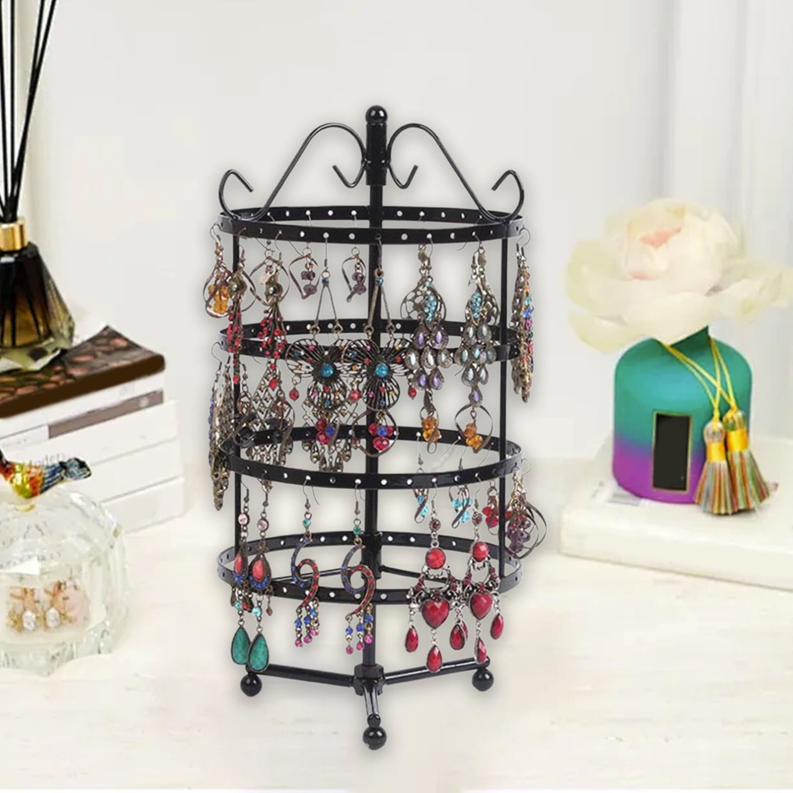 Black/White 4 Tiers Iron Earring Holder, 12.2x6.3x6.3in 360 Rotating ...