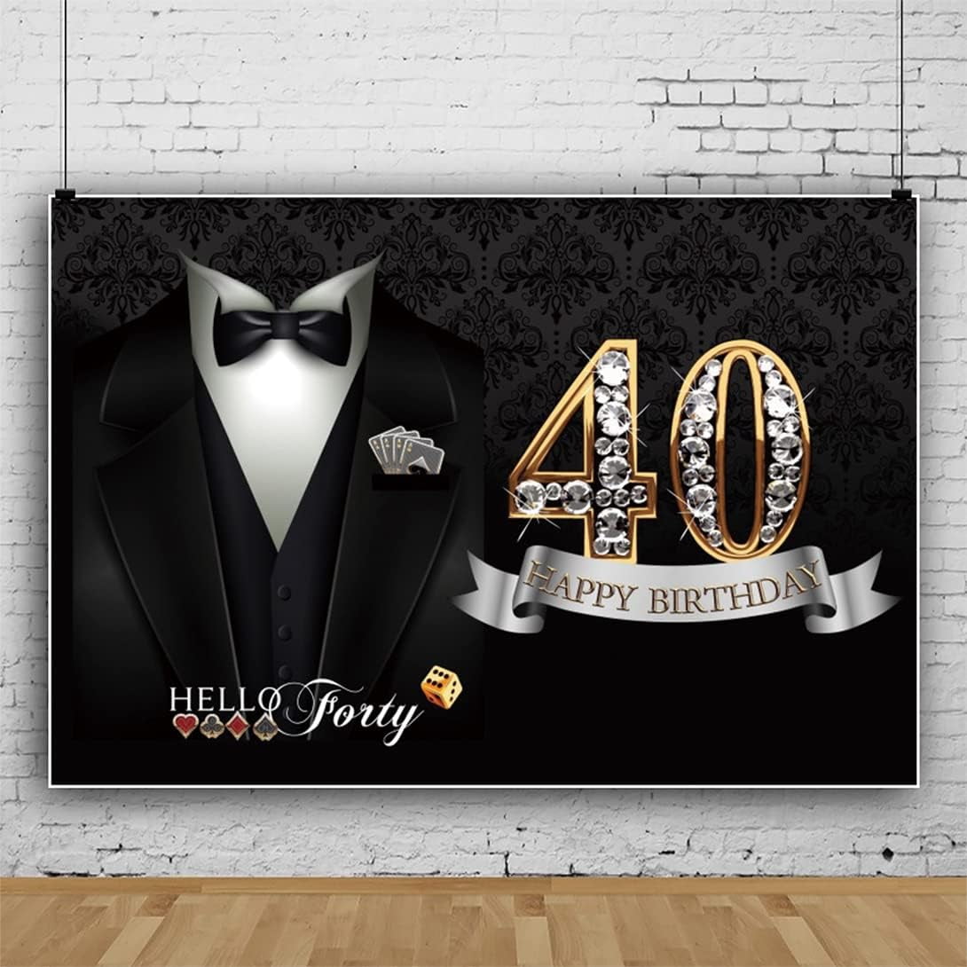Black White 40th Birthday Backdrop for Man Forty Years Old Happy ...