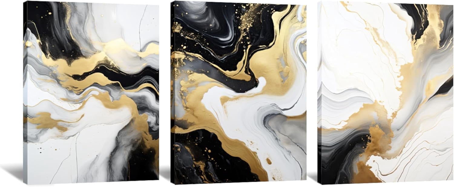 Black and White Abstract Canvas Wall Art 3 Piece Gold Foil Picture ...