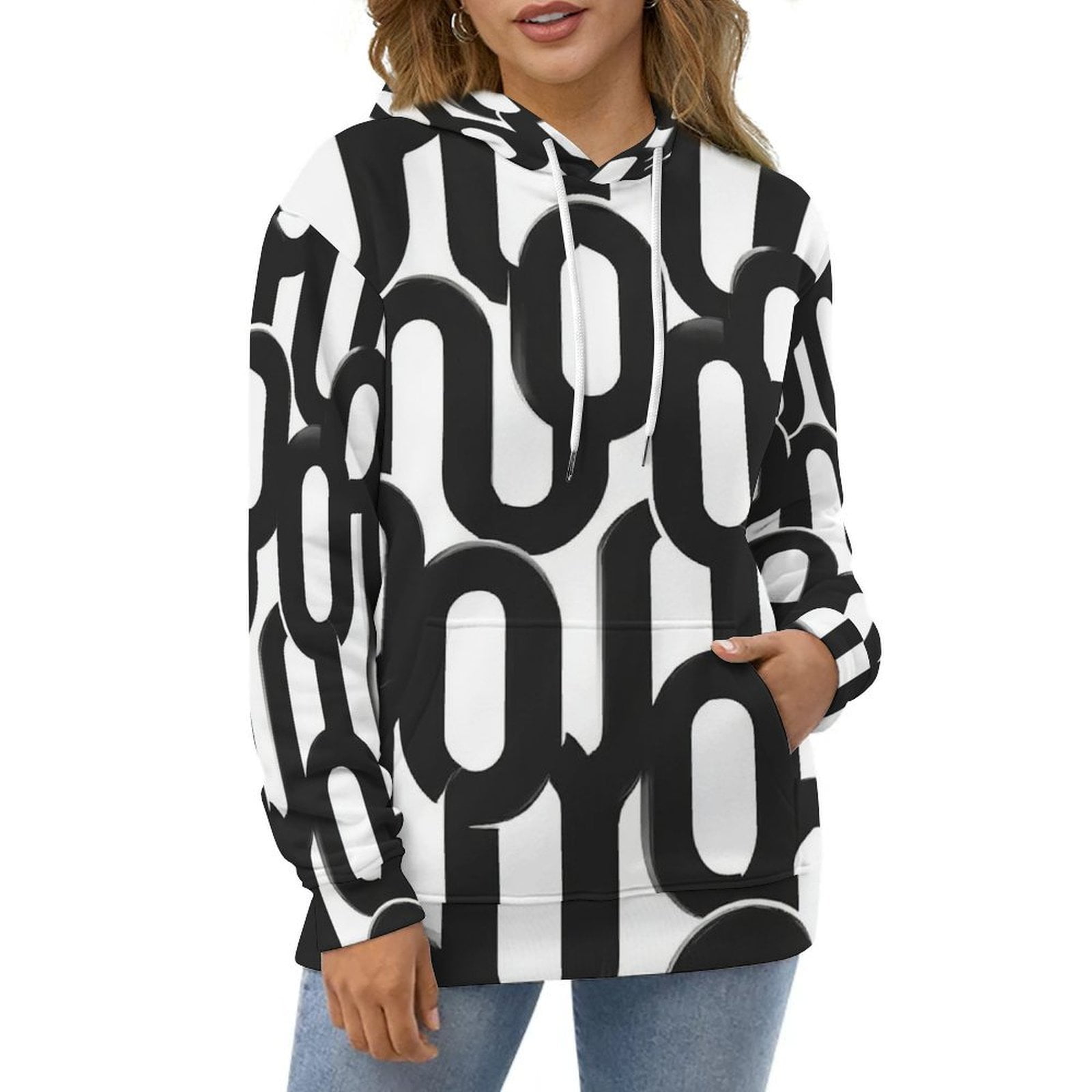 Black White Abstract Chain Pattern Oversized Hoodies For Woman Pullover ...