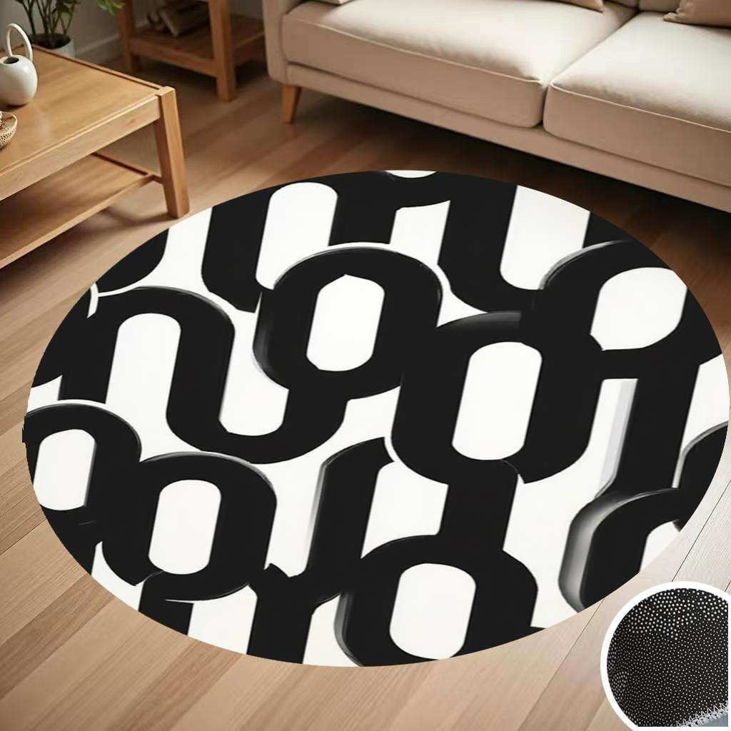Black White Abstract Chain Pattern Round Carpet Living Room Bedroom ...