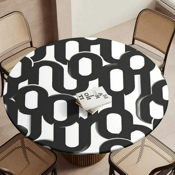 Black White Abstract Chain Pattern Round Table Cover Kitchen Printed ...