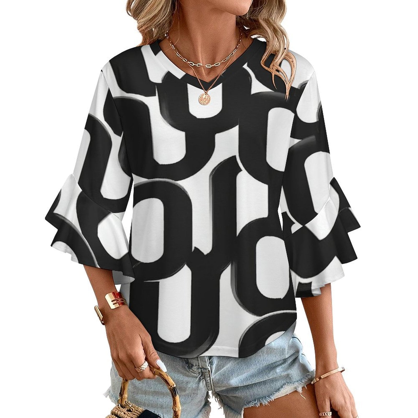 Black White Abstract Chain Pattern Women's V-Neck Blouse With 3/4 ...