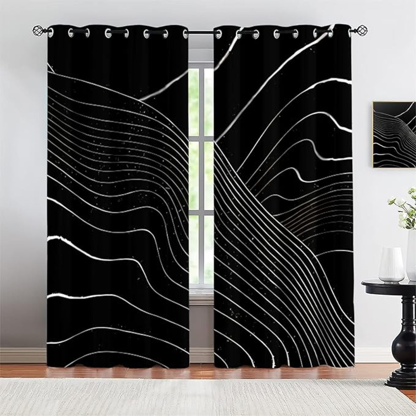 Black And White Abstract Line Art Thermal Drapes, Wavy Terrain Map ...