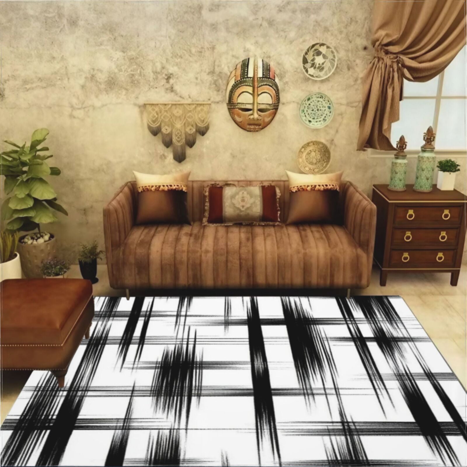 Black White Abstract Lines Pattern Light Luxury Retro Carpet Large Size ...