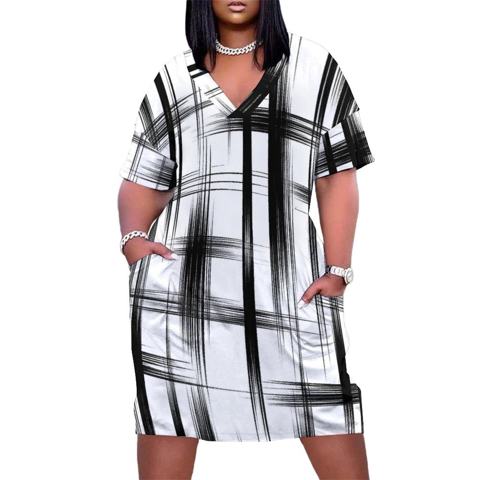 Black White Abstract Lines Pattern Loose Pocket Dress Dresses Summer ...