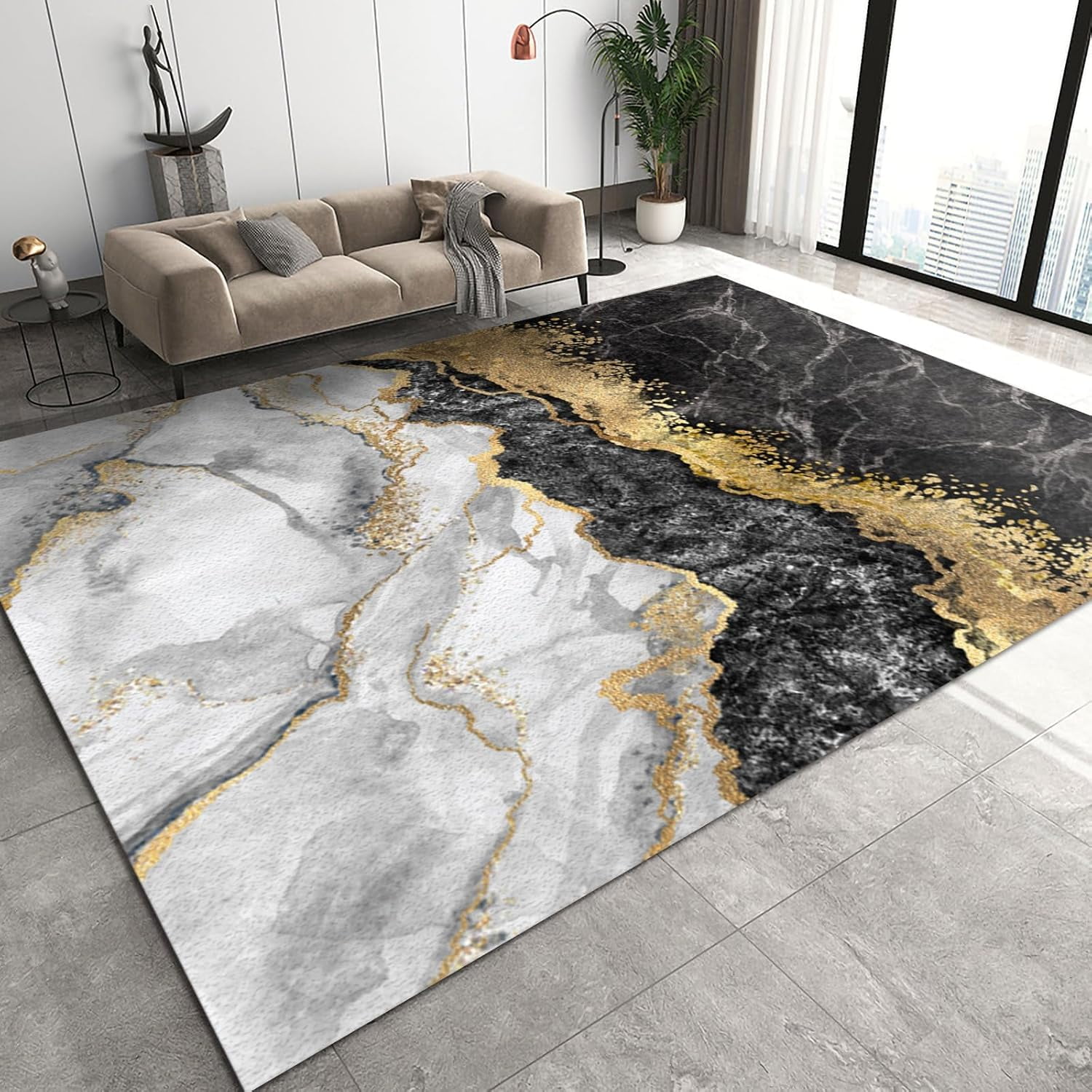 Black White Abstract Marble Area Rugs, Modern Retro Floral Pattern 3D ...