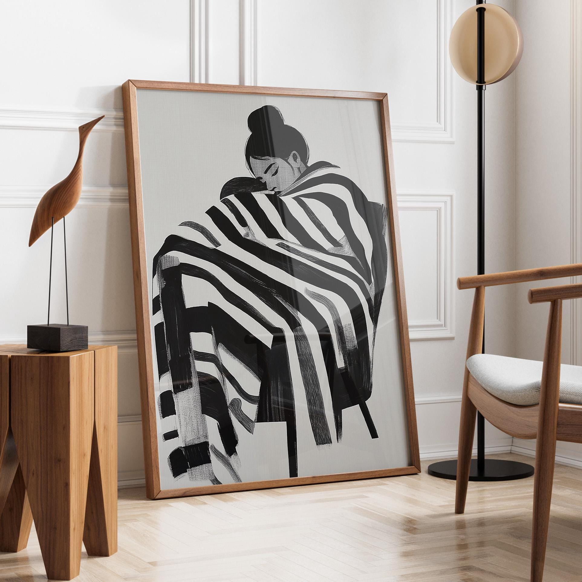 Black & White Abstract People Wall Art Stripe Woman Contemporary ...