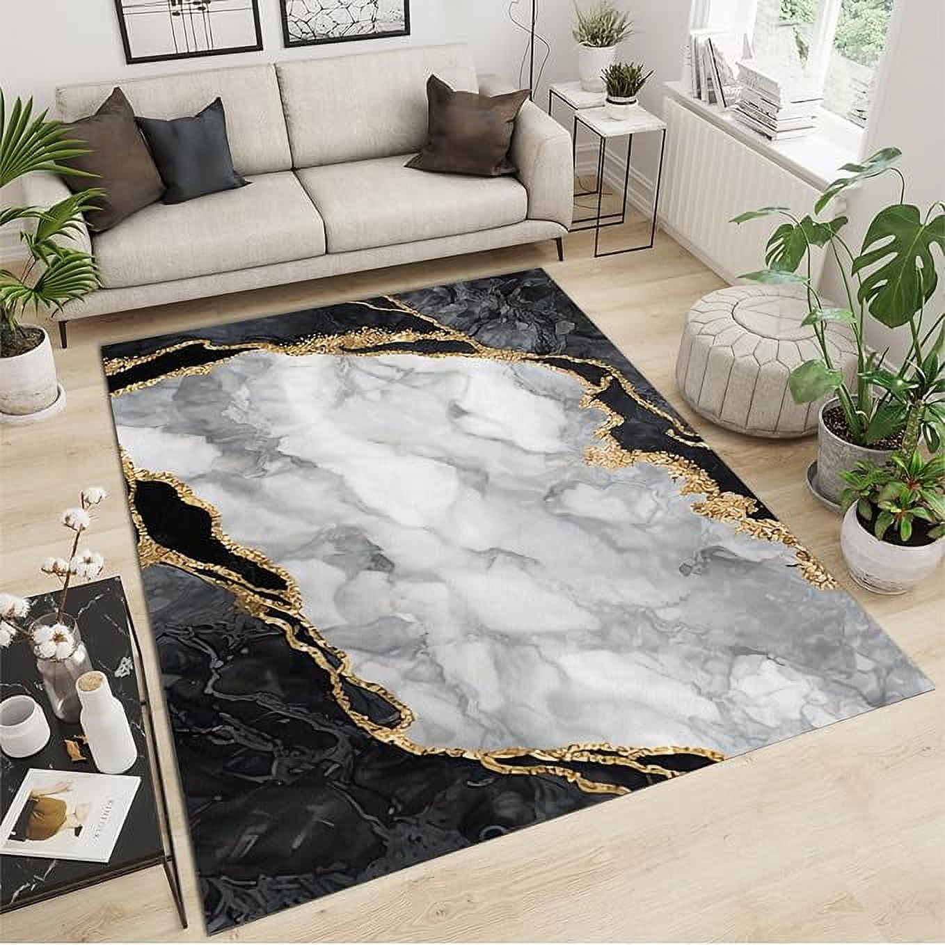 Black And White Agate Marble Area Rug, Luxury Gold Foil Geometric ...
