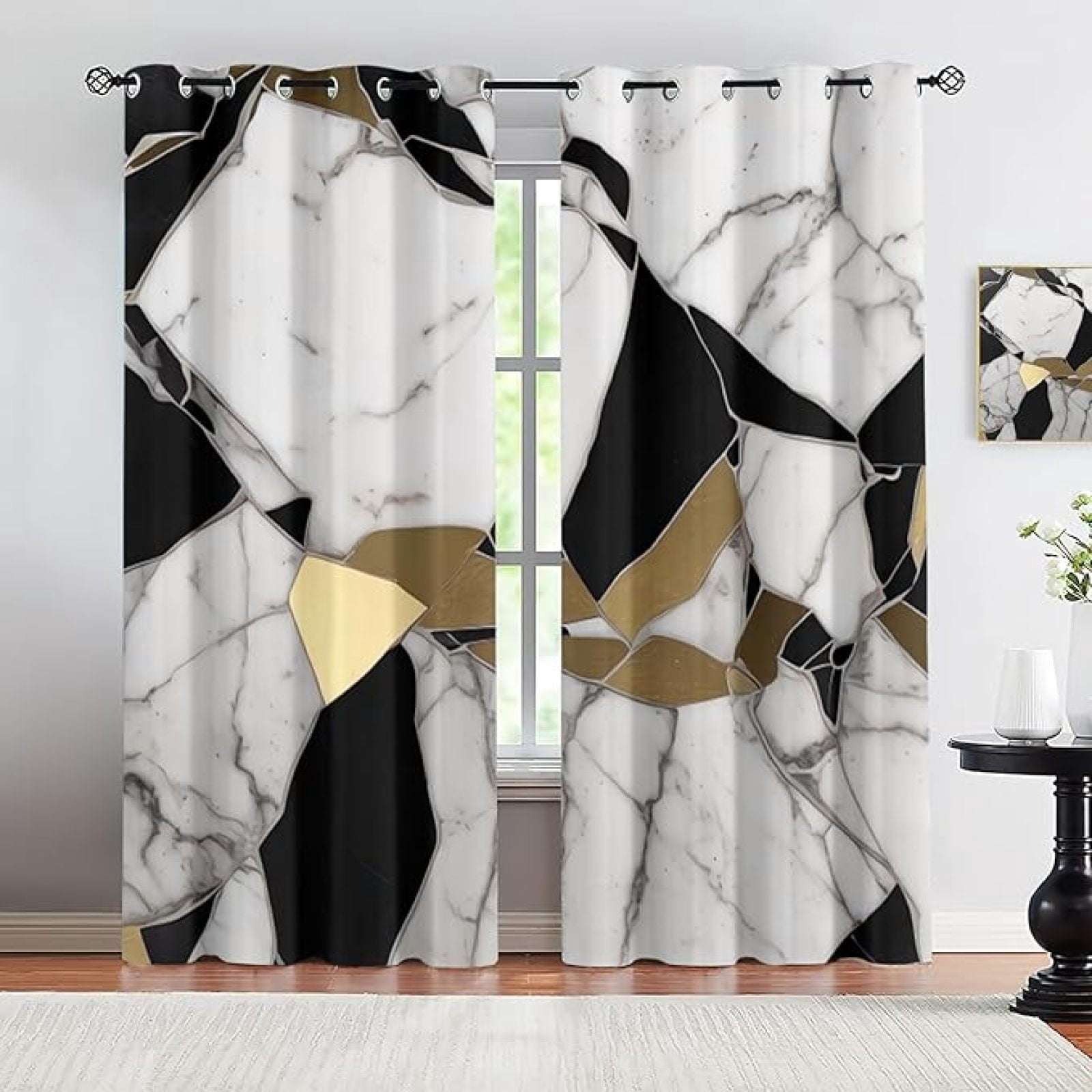 Black And White Agate Texture Blackout Curtains, Modern Black And Gold ...
