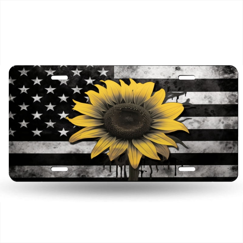 Black And White American Flag With An Illustration Of Sunflower ...
