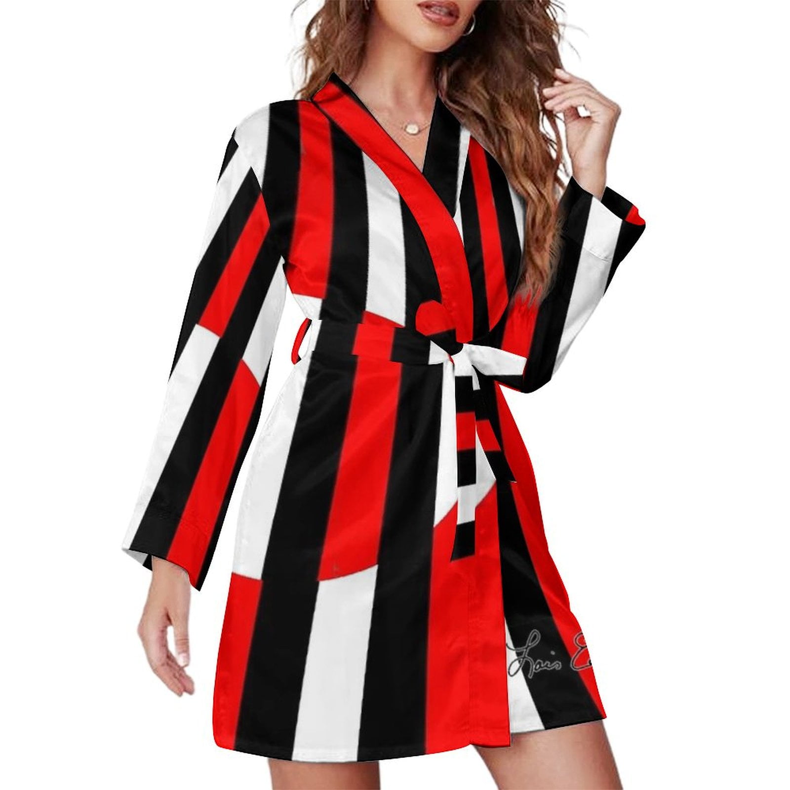 Black White And Red All Over! Night Robe Long Sleeve V Neck Robe With ...