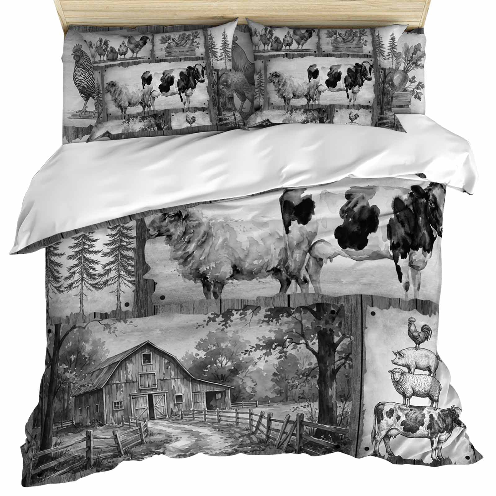 Black White Animals Set of 4 Bedding Quilt Covers, Cow Rooster Trees ...