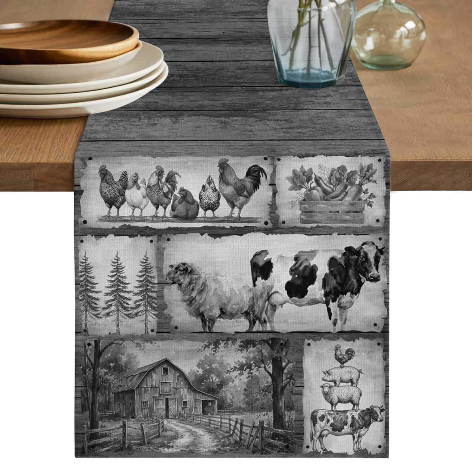 Black White Animals Table Runner 72 Inches, Cow Rooster Trees Vintage ...