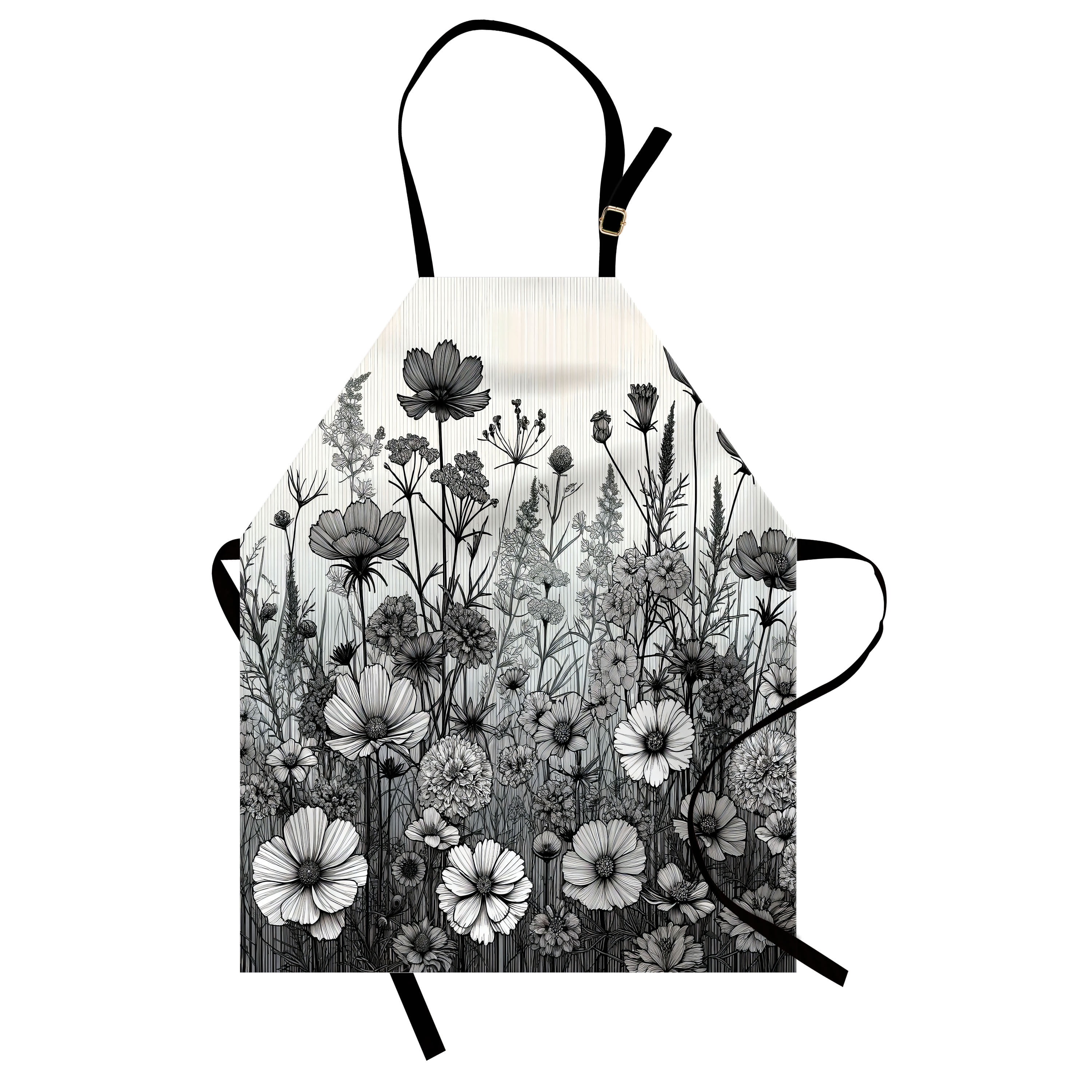 Black and White Apron, Vintage Style Meadow Prairie Scene with Wild ...