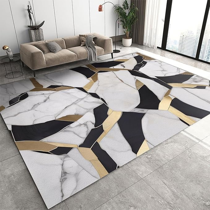 Black And White Area Rug, Black And Gold Geometry Rugs For Living Room ...