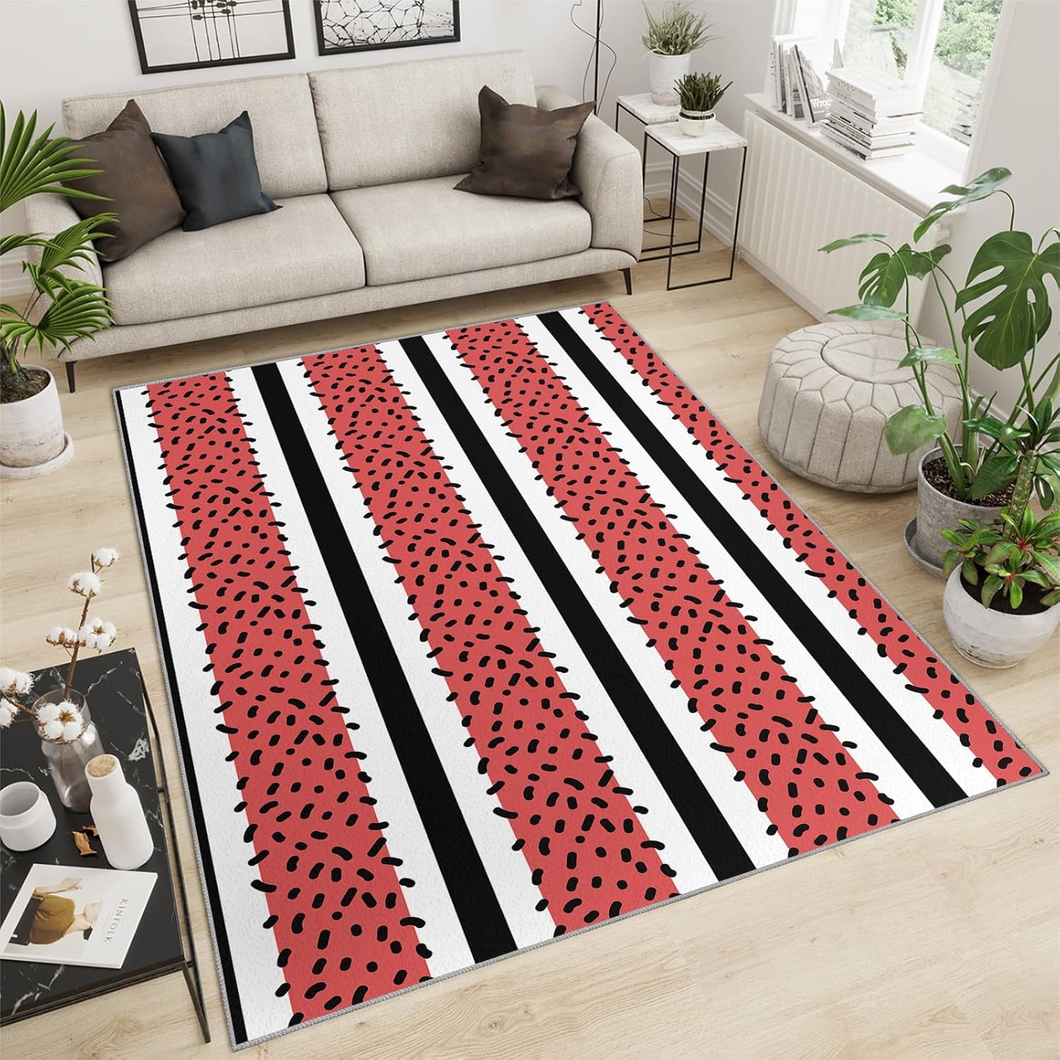 Black And White Area Rug - Red Striped Living Room Rug Geometric Rugs ...