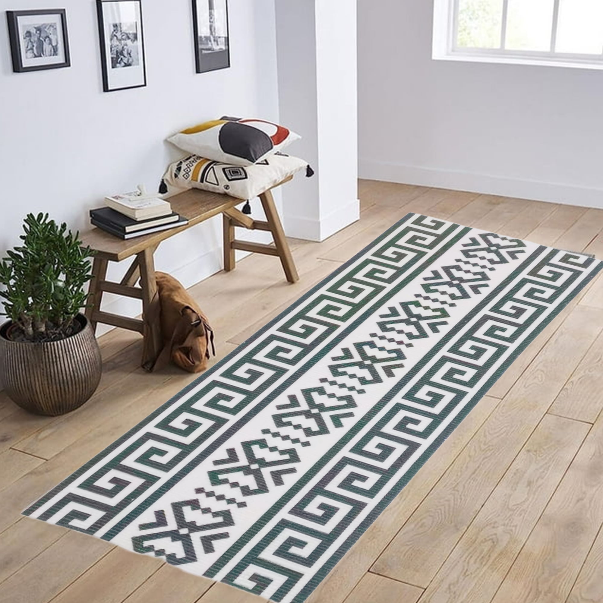 Black White Aztec Runner Rug, Boho Washable Runner Rug with Rubber ...