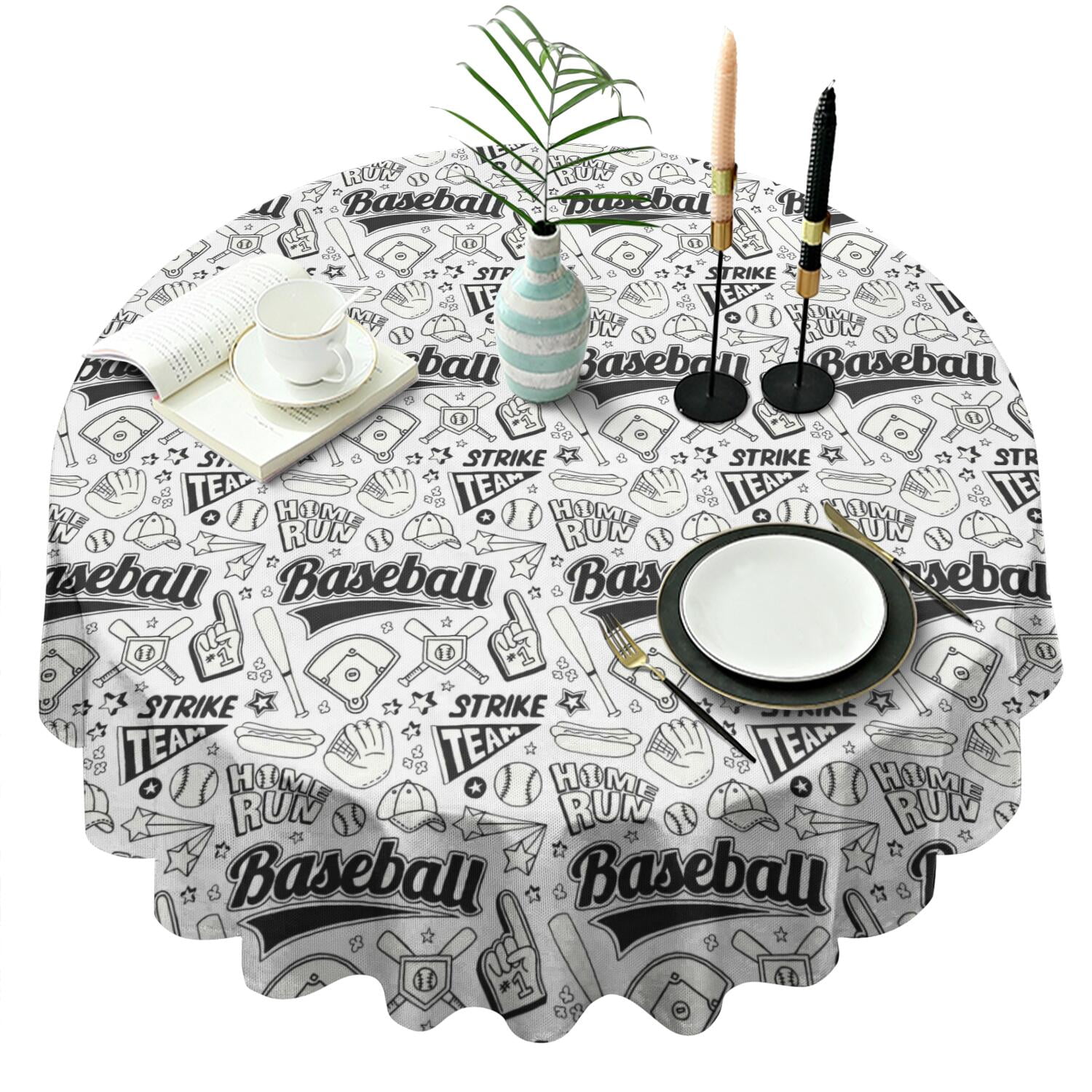 Black White Baseball Pattern Round Tablecloth 60"x60",Wrinkle Wipeable ...