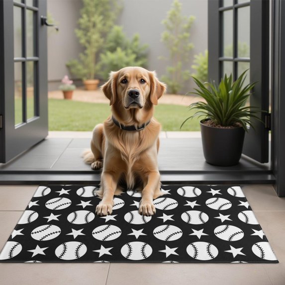 Black White Baseball Stars Pattern Door Rugs,Washable Non Slip Door ...