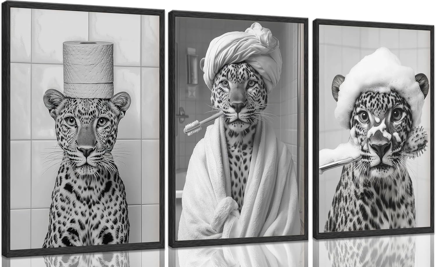 Black White Bathroom Cheetah Canvas Wall Art Cheetah With Toilet Paper ...