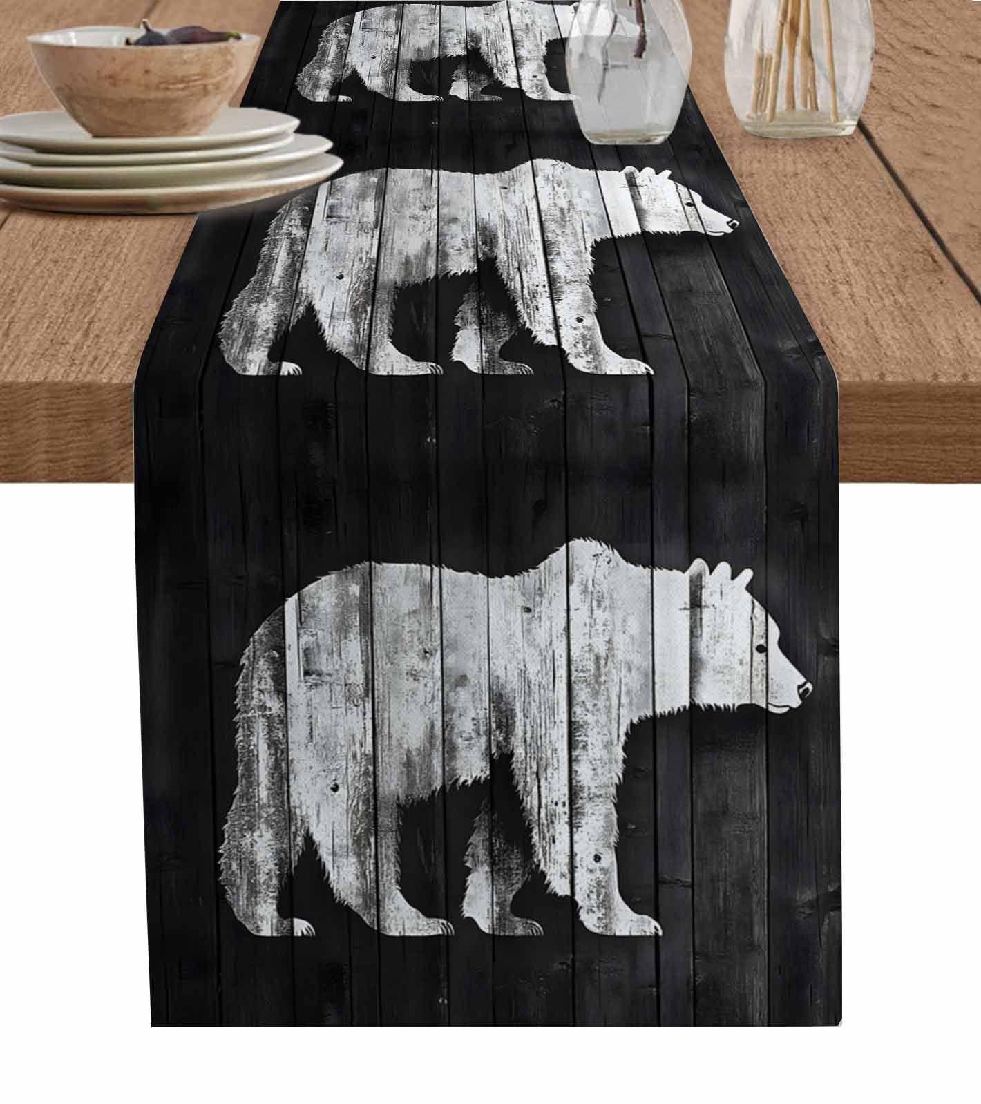Black White Bear Burlap Cotton Table Runner 13x60 Inches Long ...