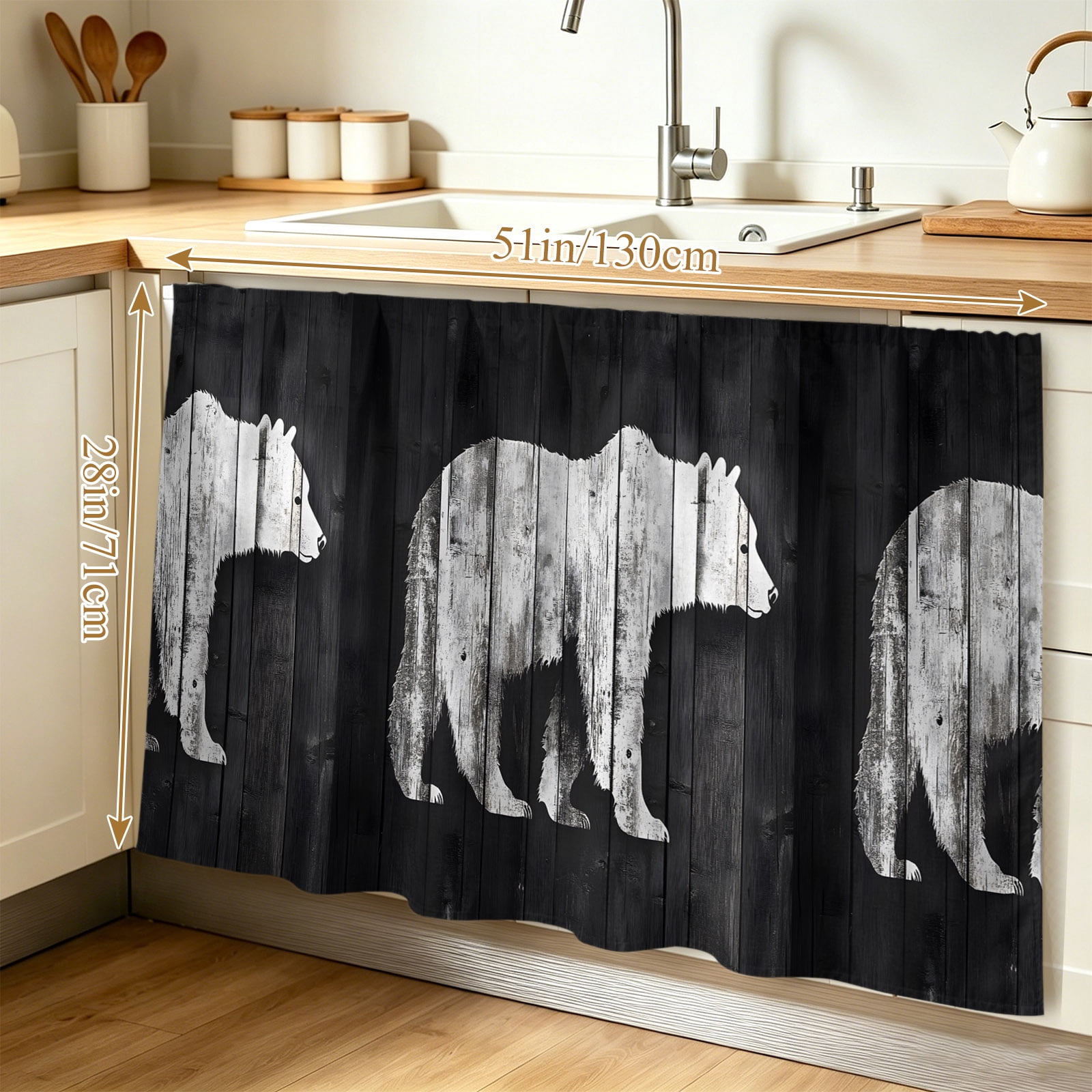 Black White Bear Cabinet Curtain 28"W x 51"L, Farmhouse Country Rustic ...
