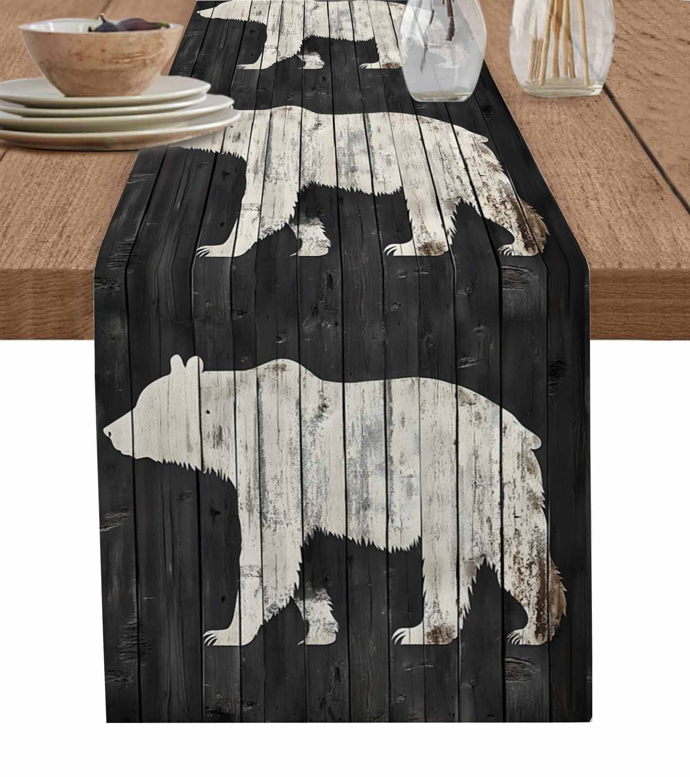 Black White Bear Table Runner 36 Inches, Farmhouse Country Rustic Wood ...