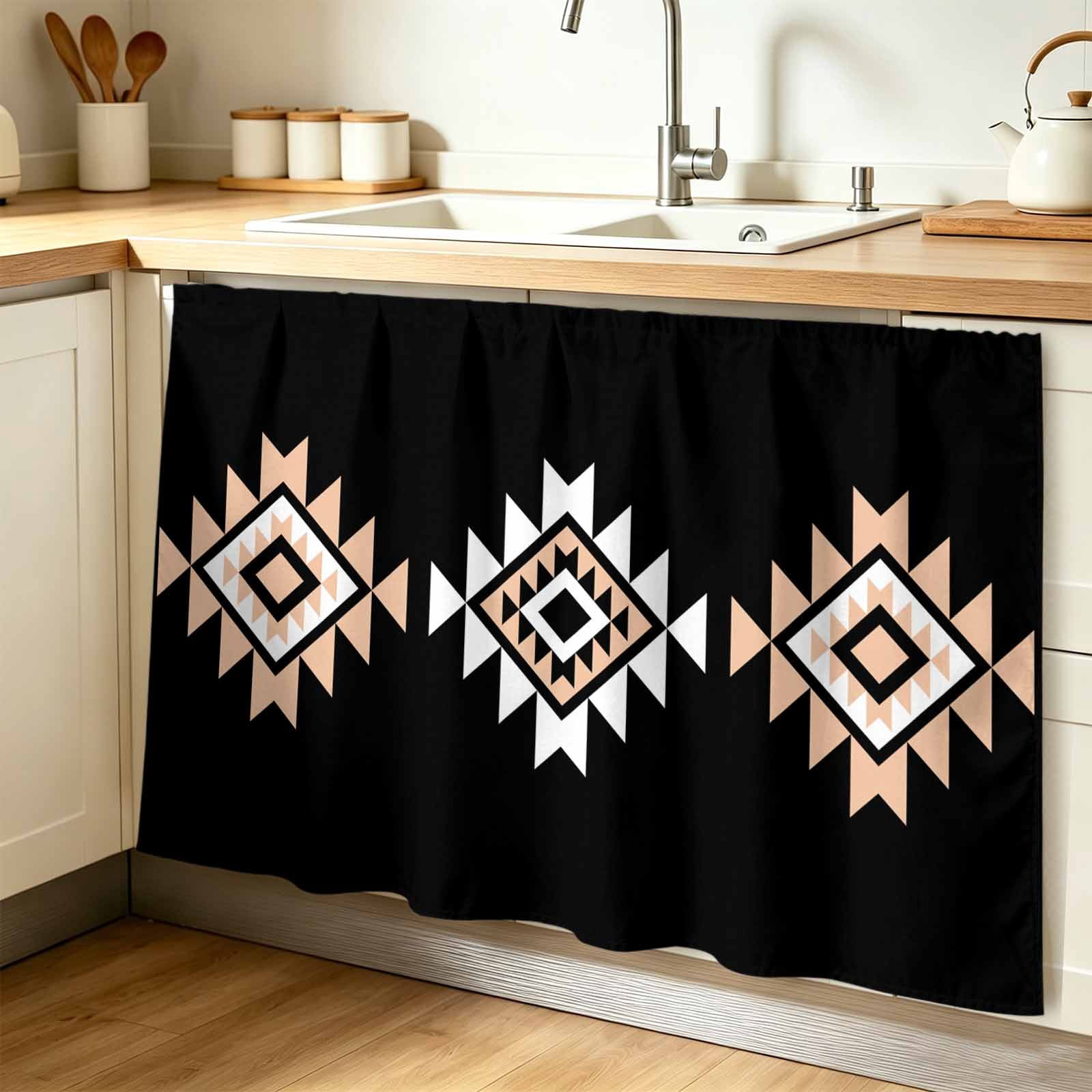 Black White Beige Boho Cabinet Curtains for Shelves, Western Geometric ...