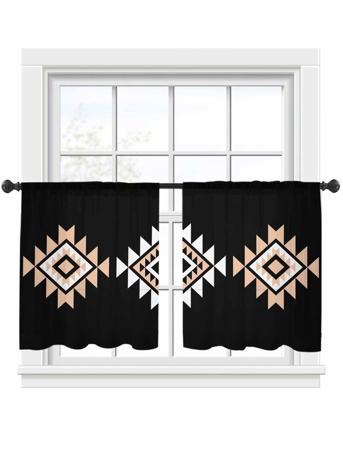 Black White Beige Boho Sheer Curtains 45 Inch Length 2 Panels Set, Semi ...
