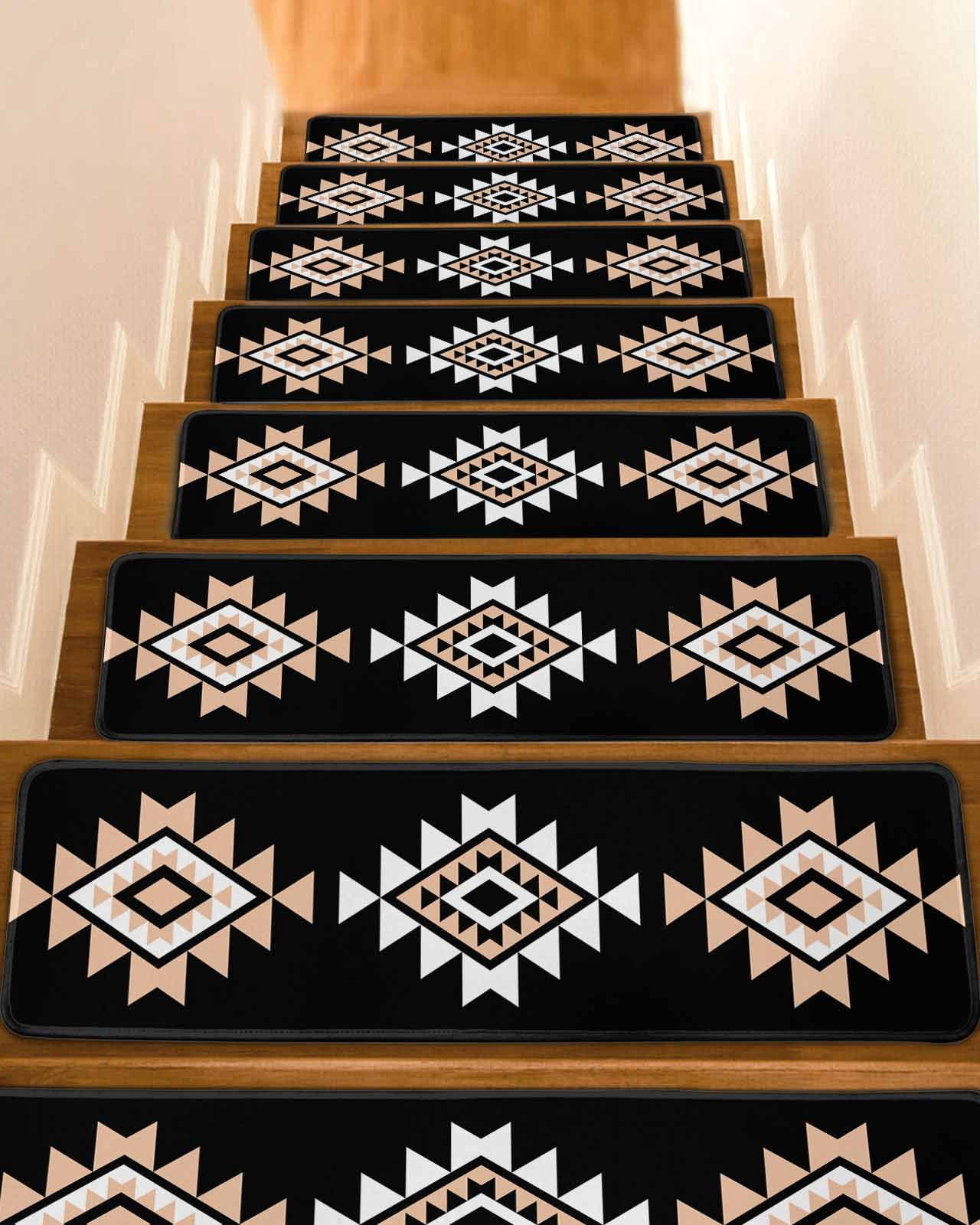 Black White Beige Boho Stair Treads for Wooden Steps Indoor Runner Rug ...