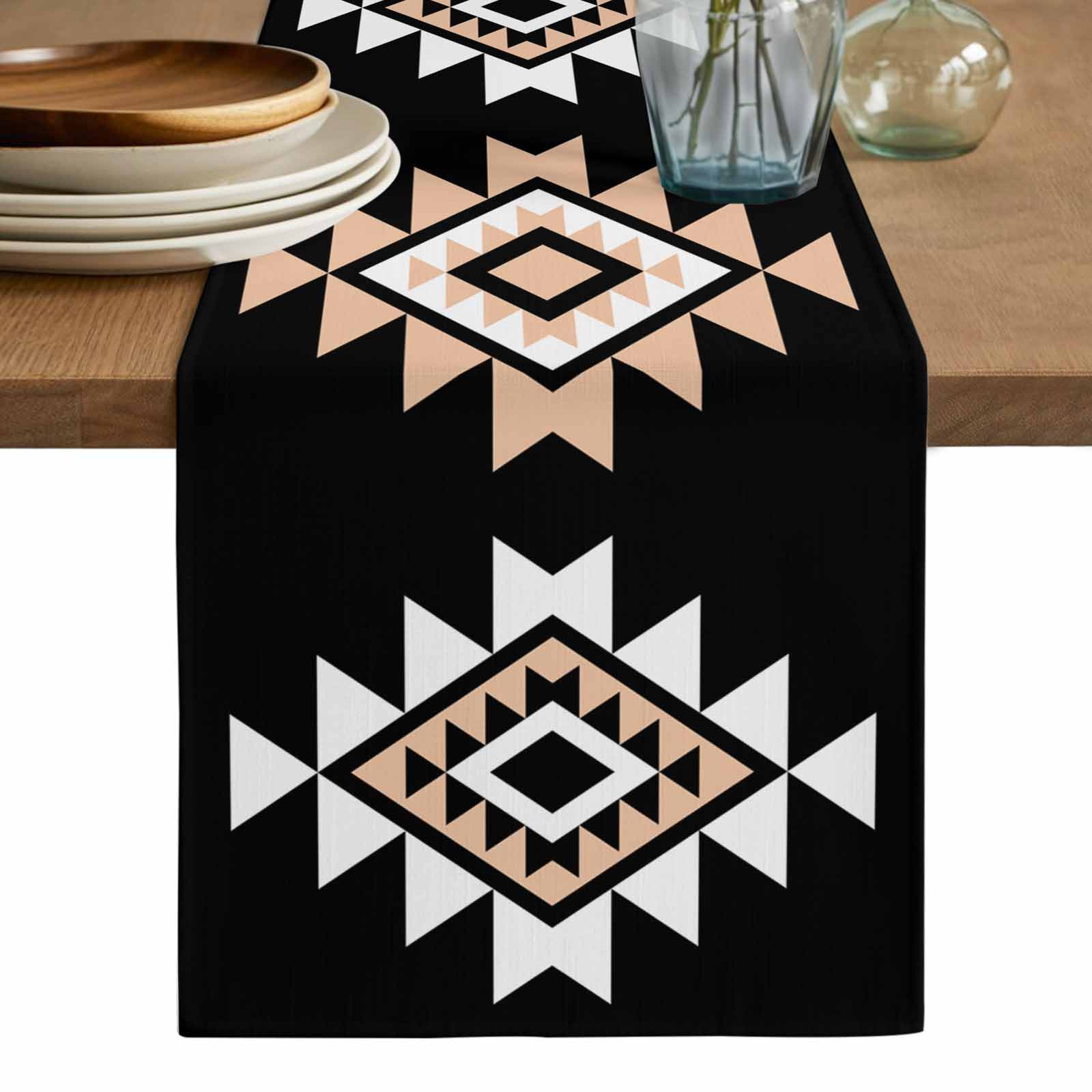 Black White Beige Boho Table Runner, Western Geometric Aesthetic ...