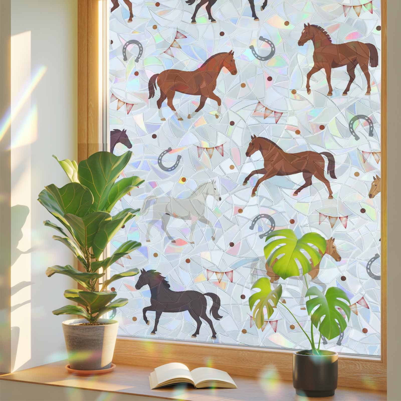 Black White Beige Brown Horses Window Privacy Film, Rainbow Film ...