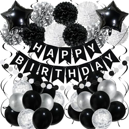 Black White Birthday Decorations, Happy Birthday Decorations with ...