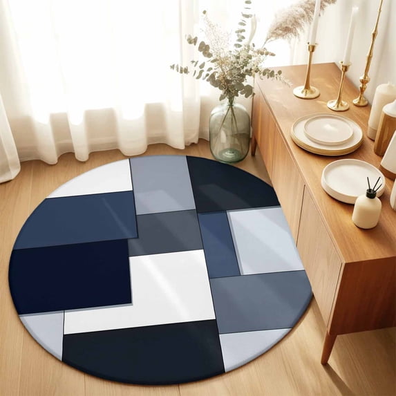 Black White Blue Patchwork Round Rug 3ft Abstract Geometric Art ...