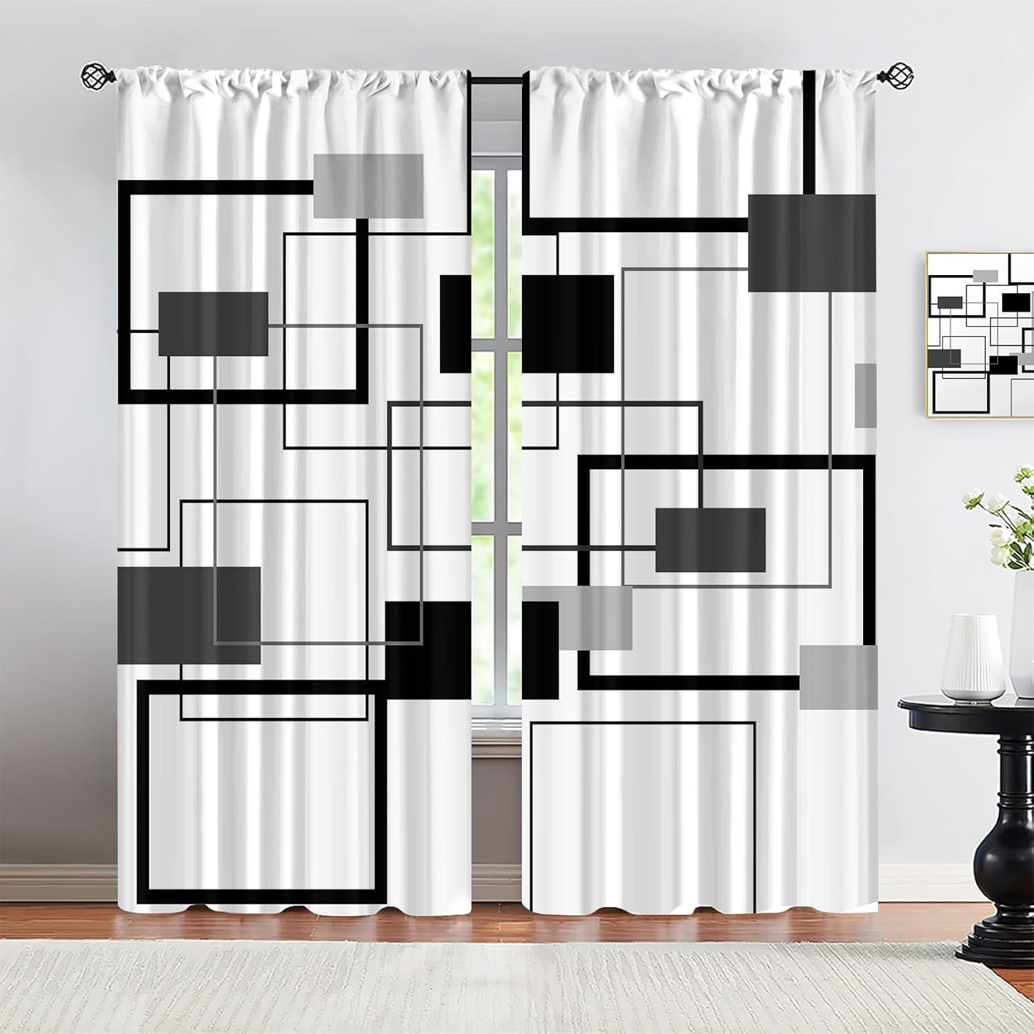 Black White Blurred Geometric Patio Blackout Curtains, Abstract Mid ...