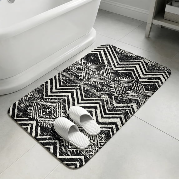 Black White Boho Bathroom Rugs Non Slip Washable Bath Mat Absorbent Low ...