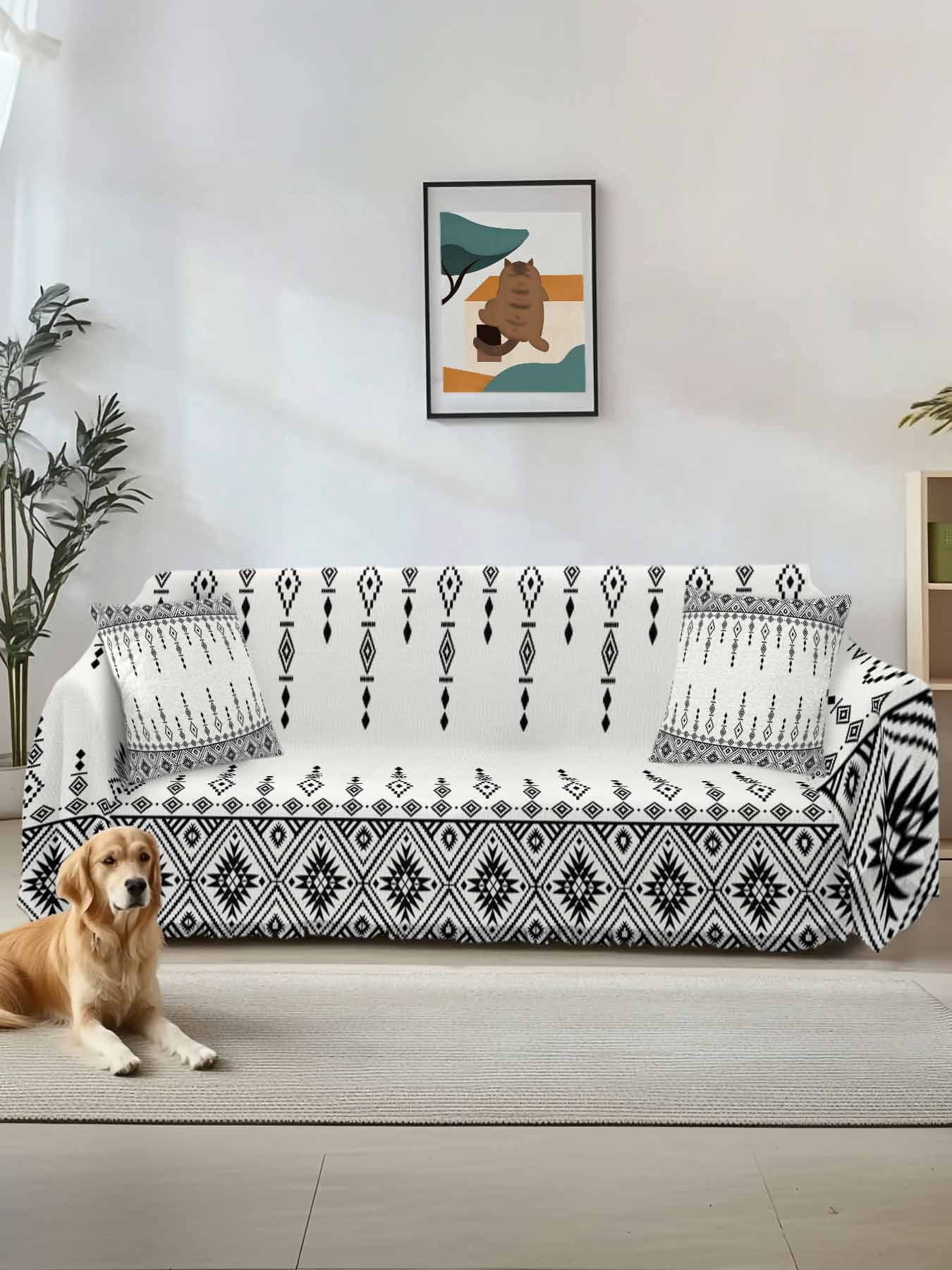 Black White Boho Couch Cover, Vintage Ethnic Tribe Abstract Art Retro ...