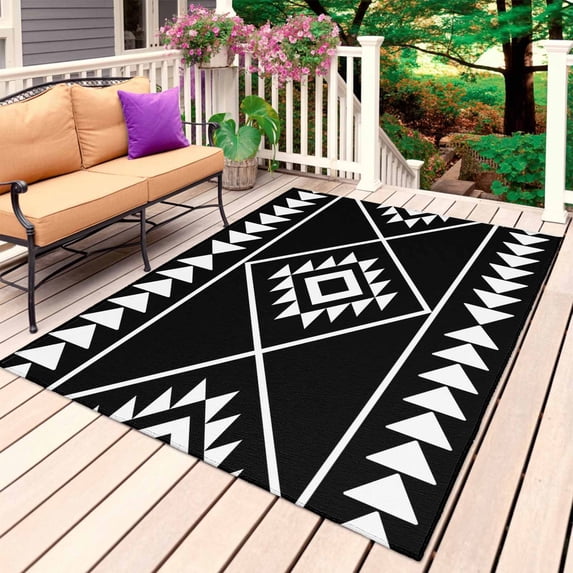 Black White Boho Outdoor Rug for Patio/Deck/Porch, Non-Slip Large Area ...
