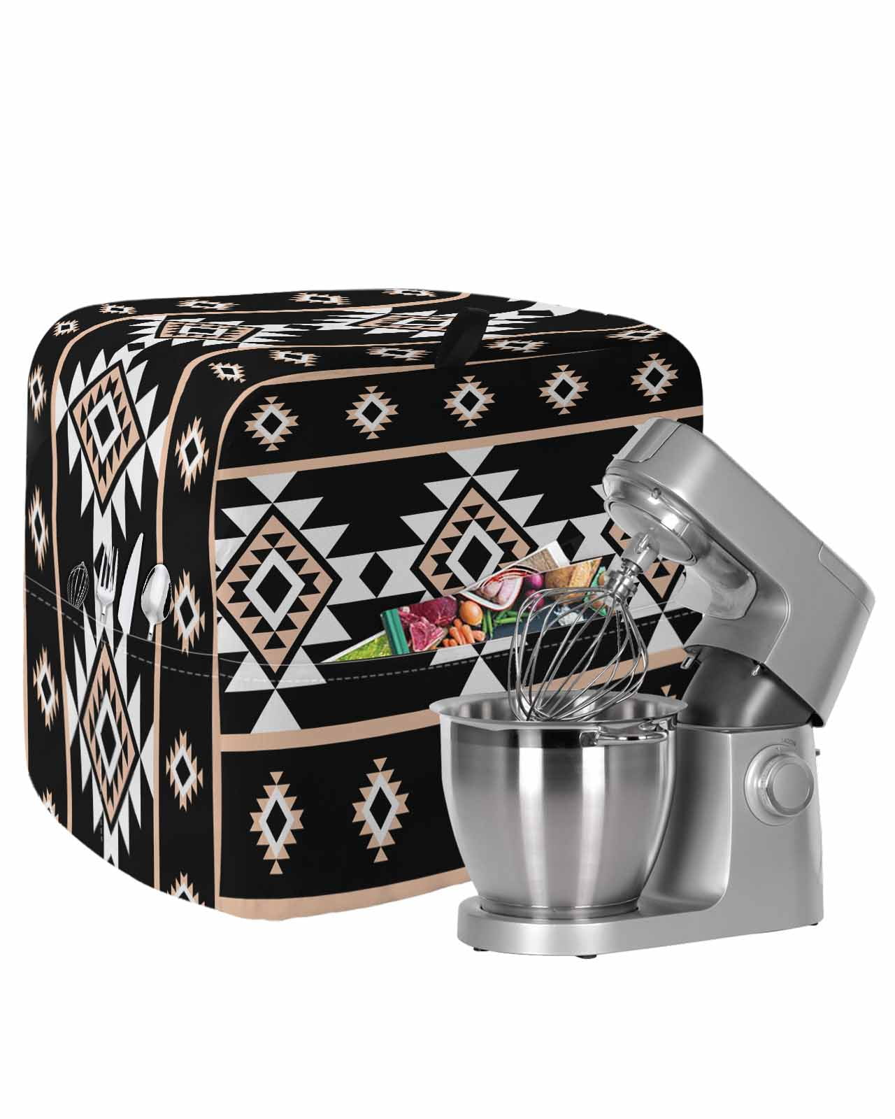 Black White Boho Stand Mixer Dust Cover with Storage Pocket & Handles ...