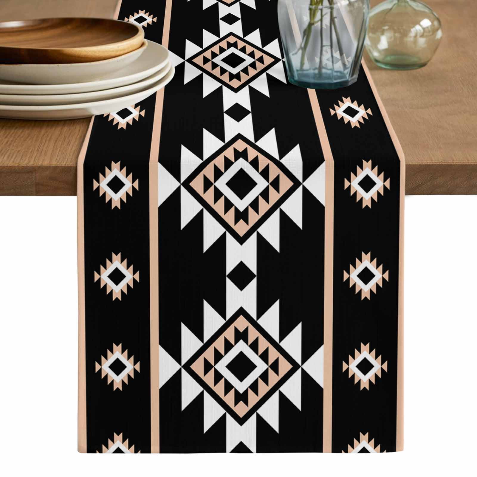 Black White Boho Table Runner, Modern Western Aztec Abstract Geometric ...