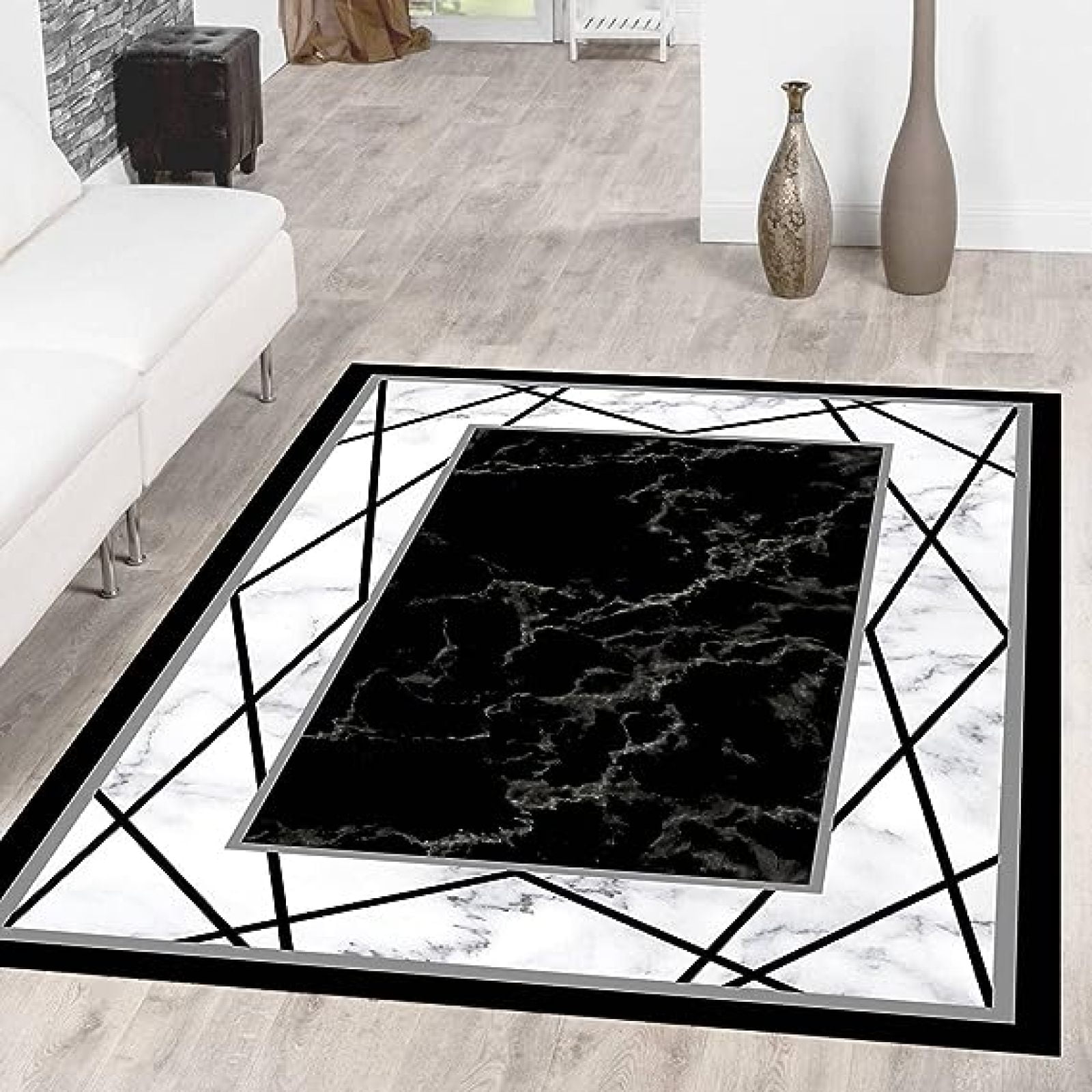 Black White Border Area Rug, Marble Pattern Indoor Rugs Non-Slip ...