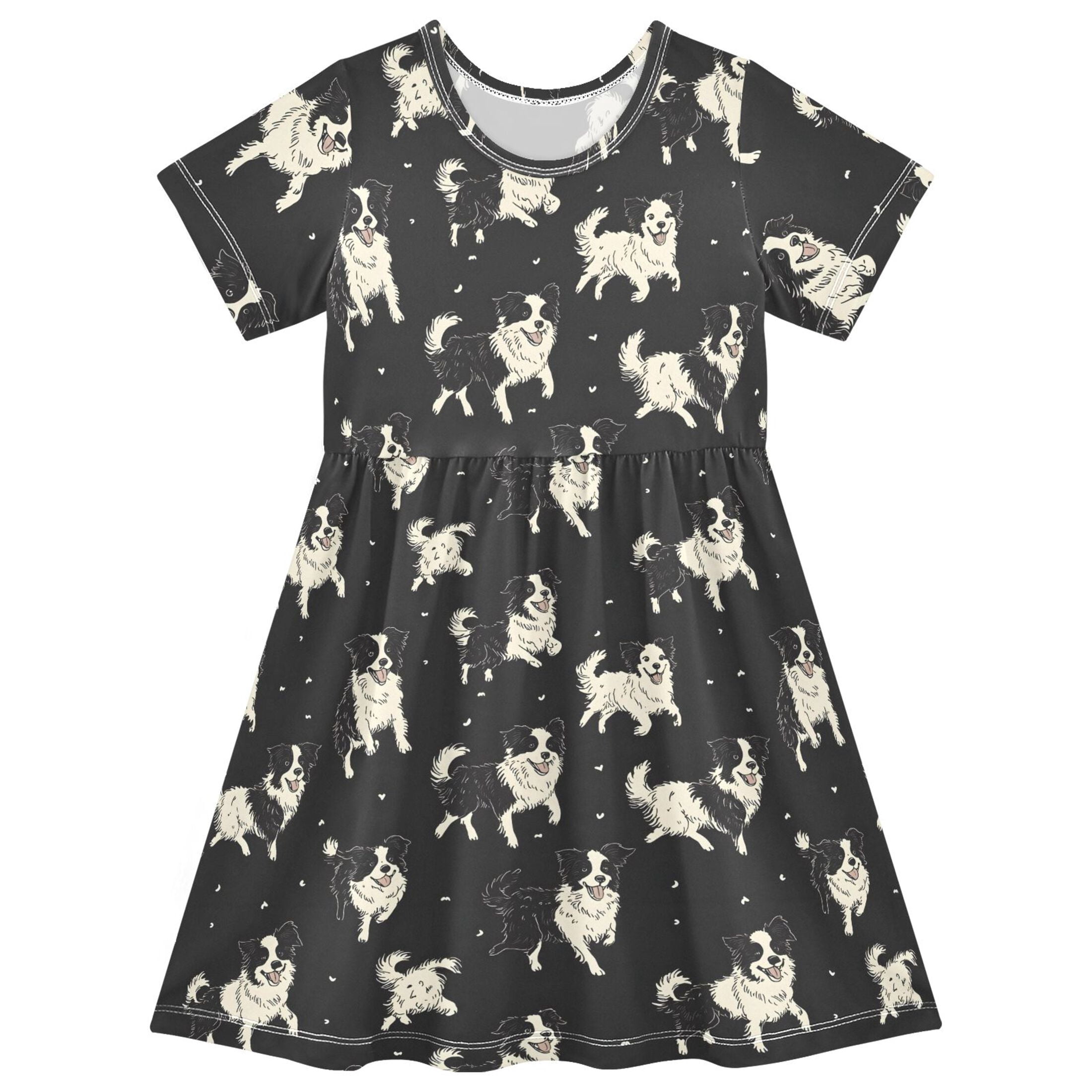 Black - White Border Collie Short Sleeve Dress A-Line Cute Midi Casual ...