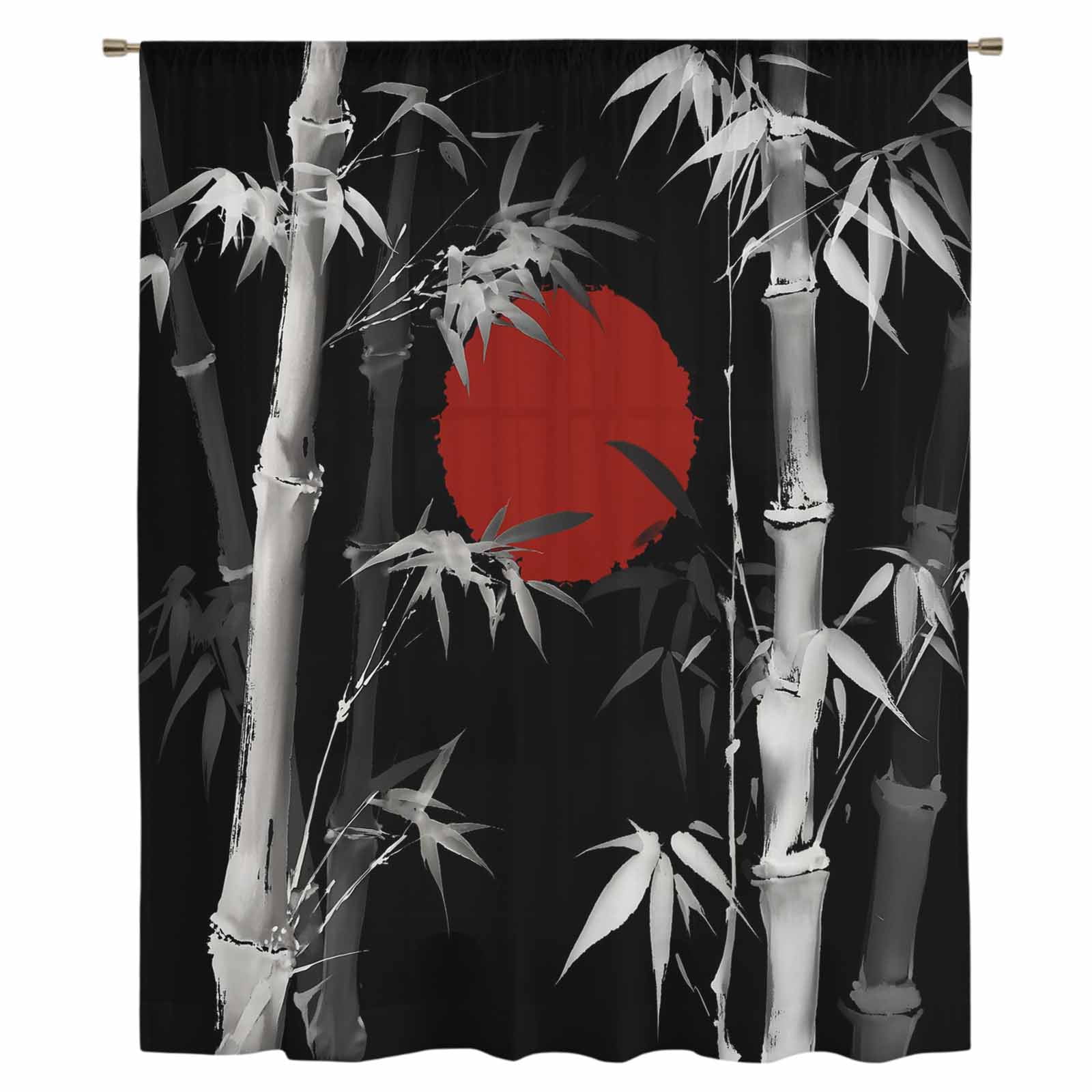 Black White Botanical Sheer Curtains 45 Inches Long, Red Moon Ink Wash ...