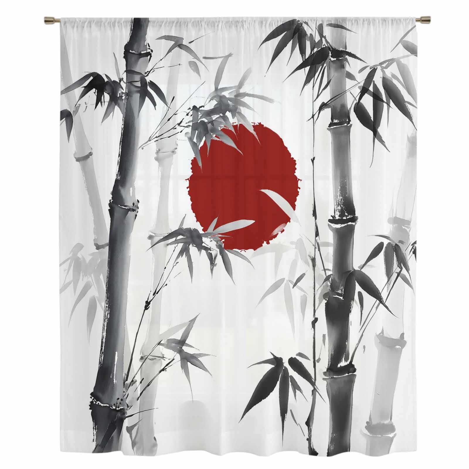 Black White Botanical Sheer Curtains 63 Inches Long, Red Moon Ink Wash ...
