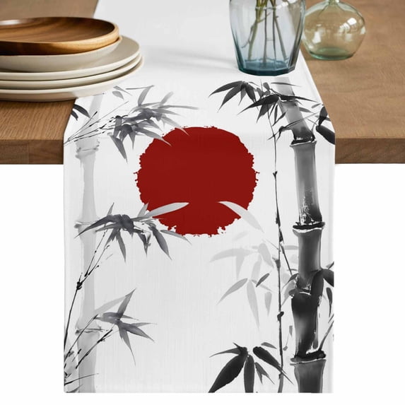 Black White Botanical Table Runner, Red Moon Ink Wash Art Washable ...