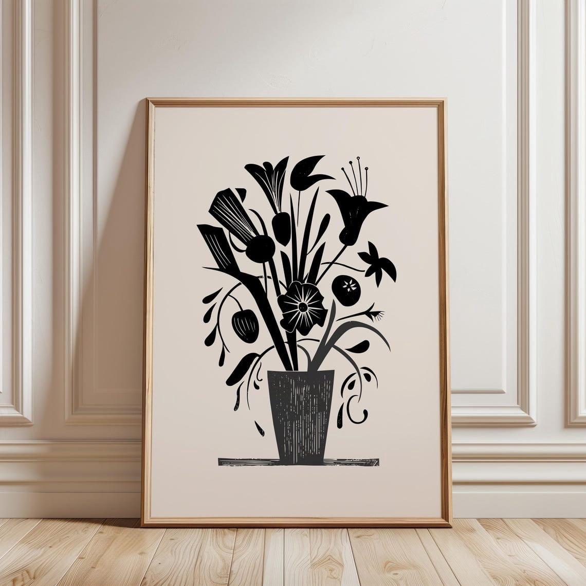 Black White Botanical Vase Floral Silhouette Abstract Plant Composition ...