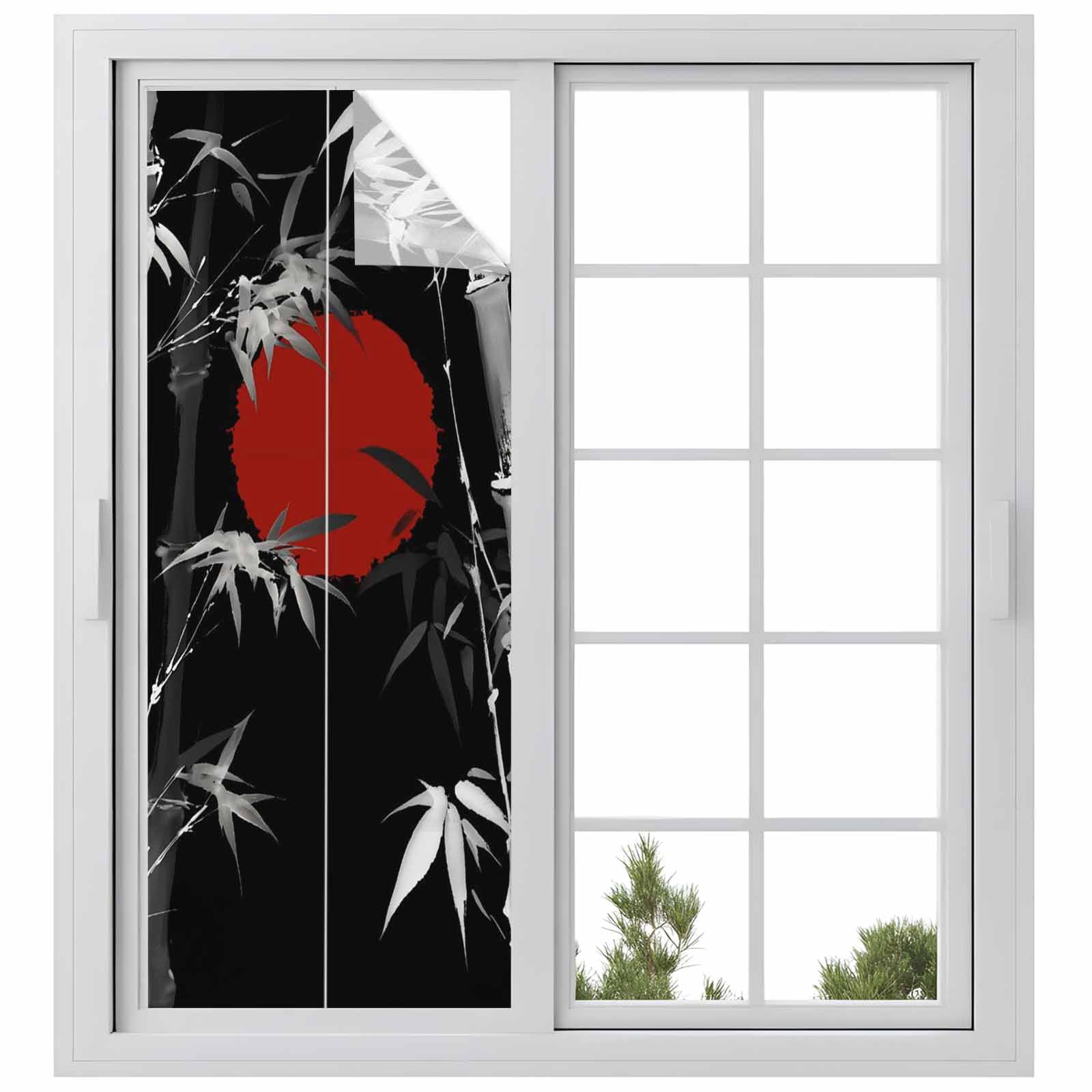 Black White Botanical Window Privacy Film, Red Moon Ink Wash Art ...