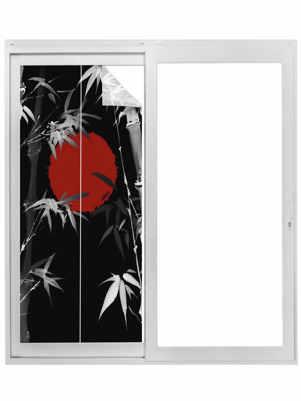 Black White Botanical Window Privacy Film, Red Moon Ink Wash Art ...